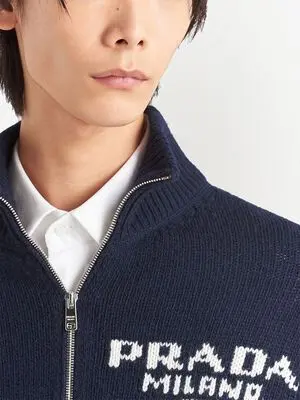 Prada Intarsia-Knit Logo Zip-Up Cardigan - F0008 Navy | Editorialist